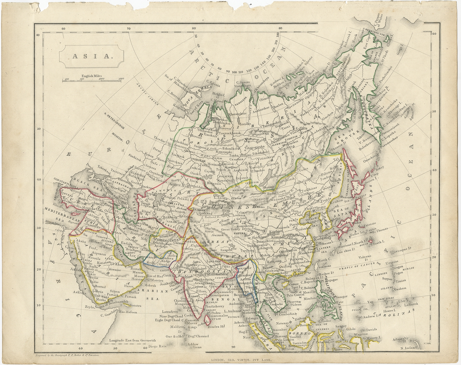 Antique Map of the Asian Continent by Becker (c.1860) - Bartele Gallery
